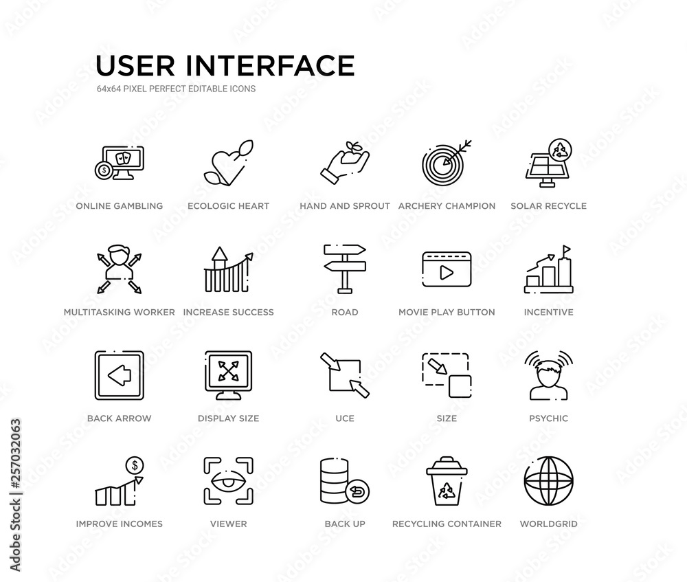set of 20 line icons such as uce, display size, back arrow, movie play ... set of 20 line icons such as uce, display size, back arrow, movie play ...