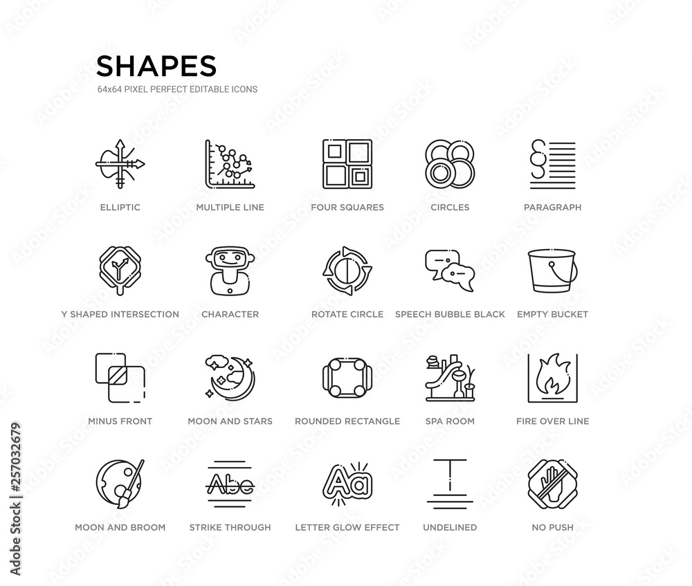 set of 20 line icons such as rounded rectangle, moon and stars, minus ...