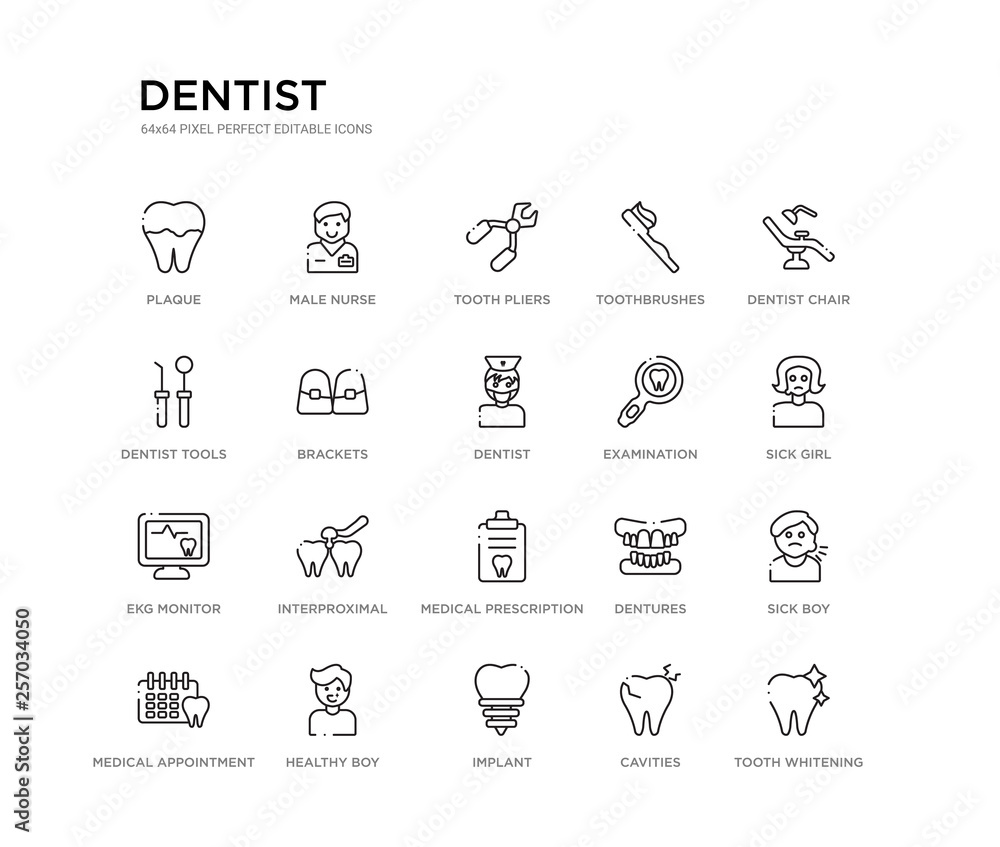 set of 20 line icons such as medical prescription, interproximal, ekg ...