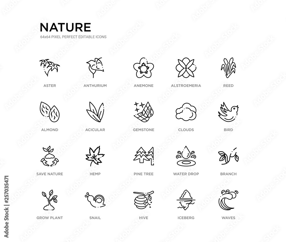 set of 20 line icons such as pine tree, hemp, save nature, clouds ...