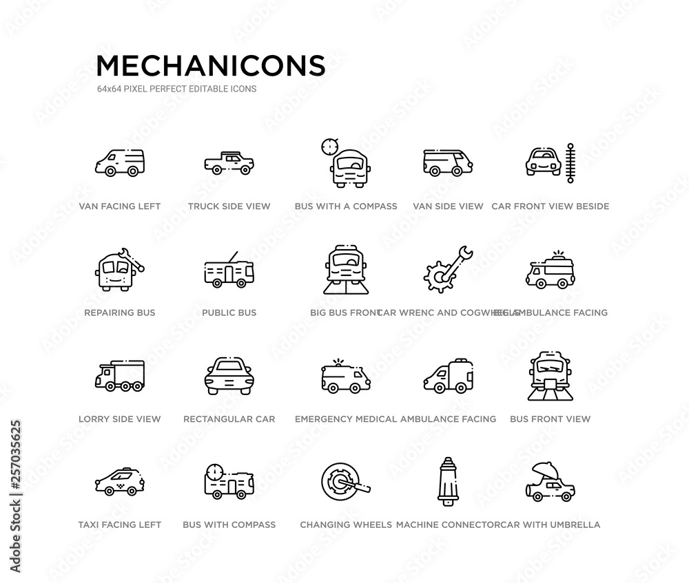 set of 20 line icons such as emergency medical vehicle, rectangular car ...