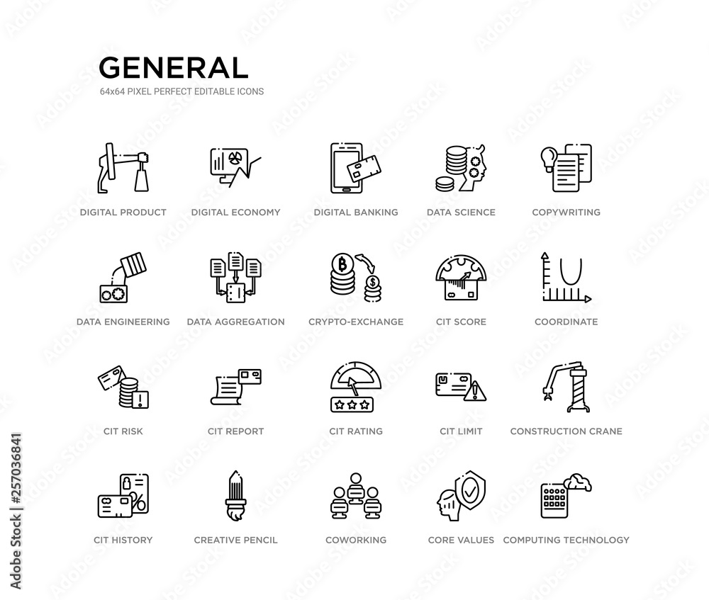 set of 20 line icons such as cit rating, cit report, cit risk, score ...
