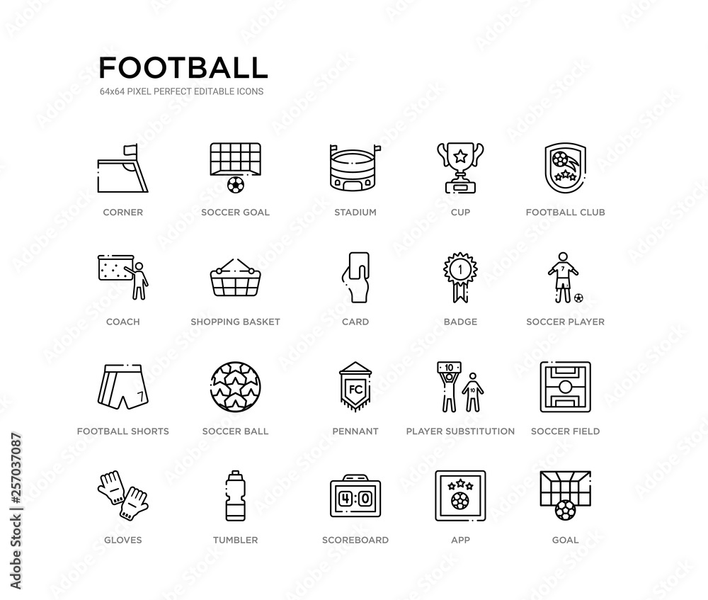 set of 20 line icons such as pennant, soccer ball, football shorts ...