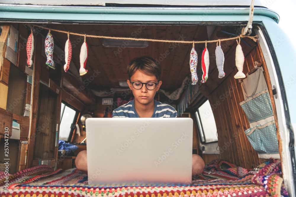 Young boy on retro mini van transport. Life inspiration concept with ...