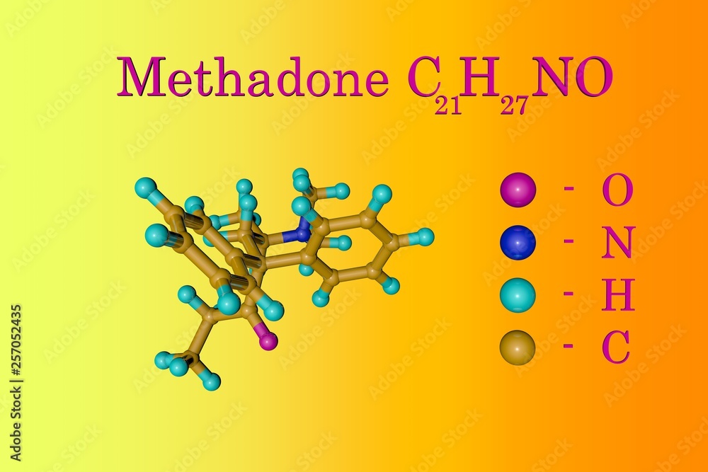 Structural chemical formula and molecular model of methadone. Methadone ...