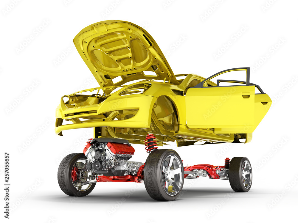 Body and suspension of the car with wheel and engine Undercarriage with ...