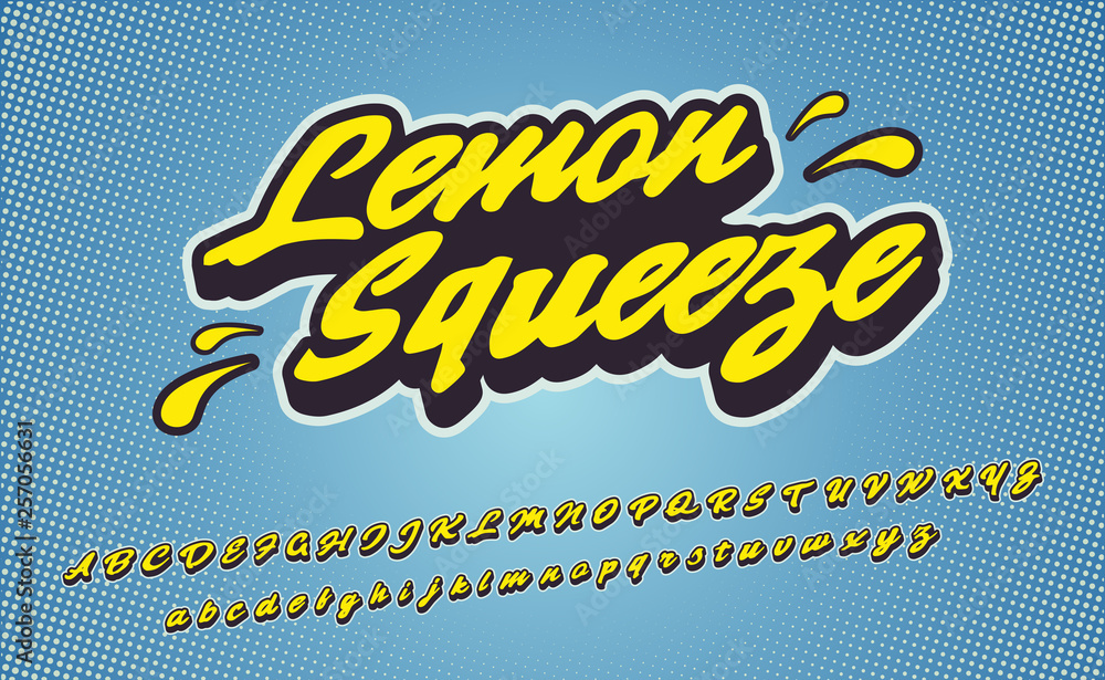 Lemon Squeeze. 3D vintage script font. Vector font illustration. Comics ...