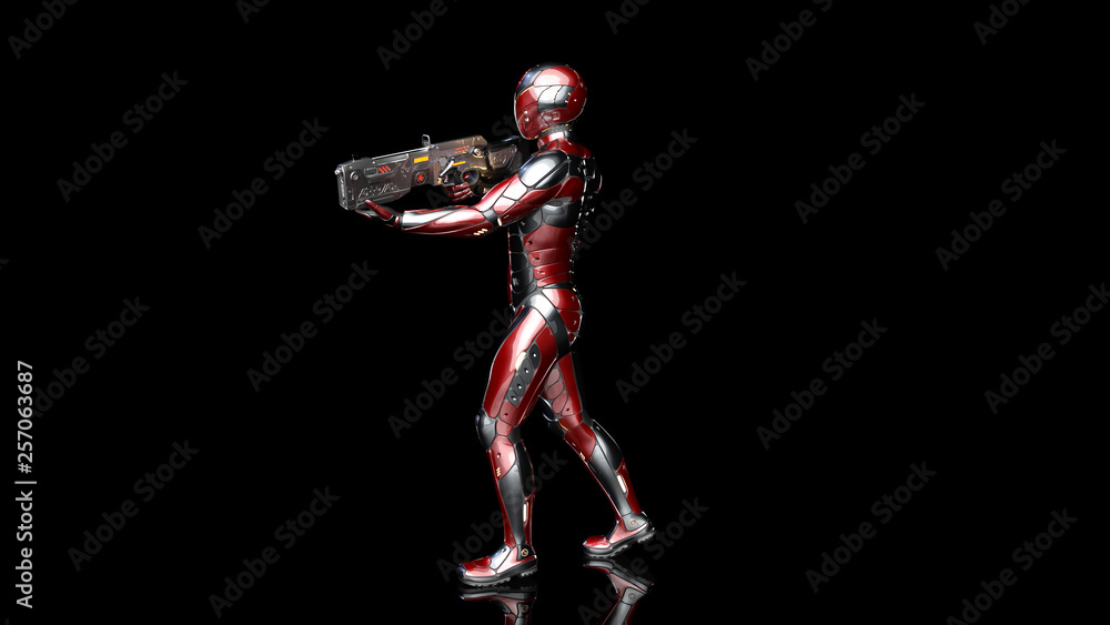 Futuristic android soldier in bulletproof armor, military cyborg armed ...