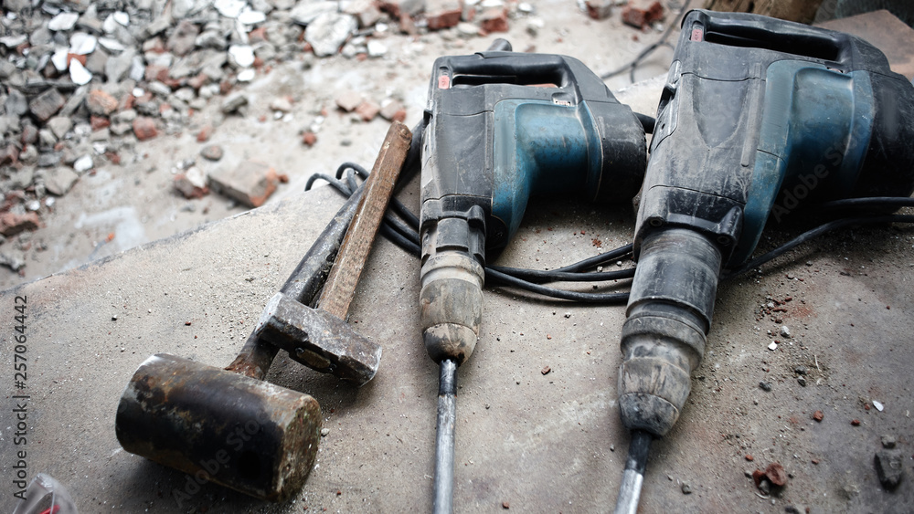 Repair and building a house. Construction tools, jackhammer on the ...