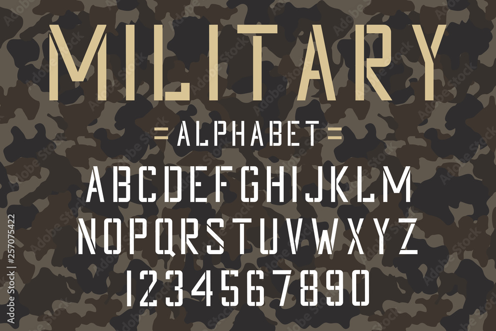 Military stencil font. Army stencil alphabet and numbers on camouflage ...