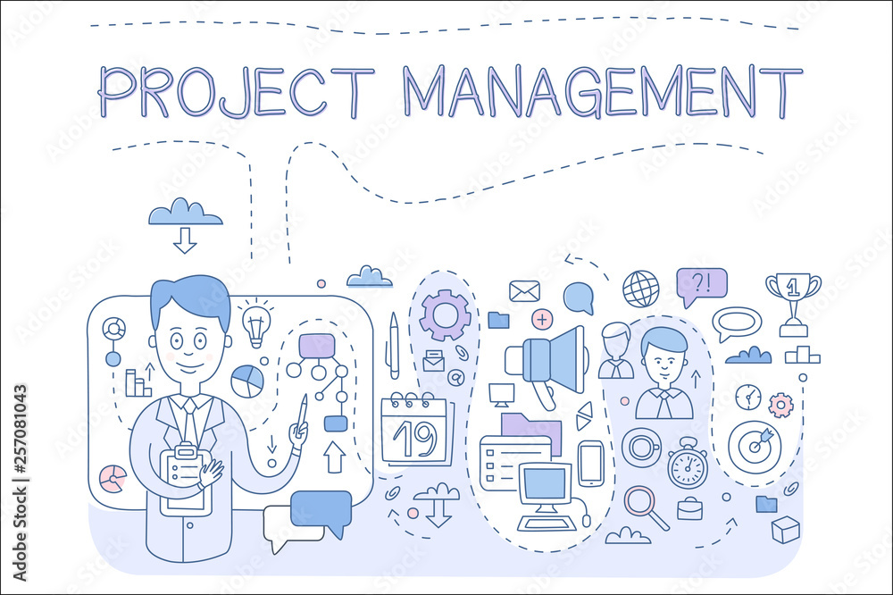 Project management set, organizing, company resources, risks, achieving ...
