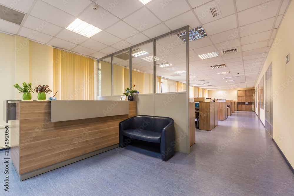 Modern office with open space and large windows. Reception desk Stock ...