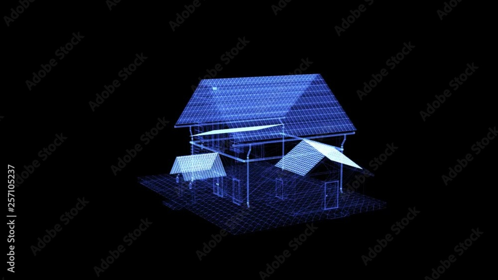 Hologram of a rotating simple house. 3D animation of a villa on a black ...