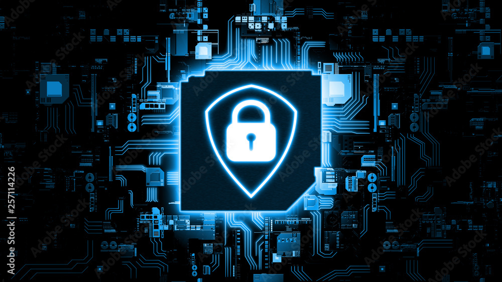 3D Rendering of blue shield logo on microchip with glow circuit board background. Concept of ...