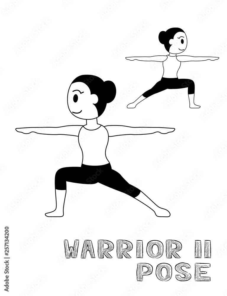 Yoga Warrior Ii Pose Cartoon Vector Illustration Monochrome Stock