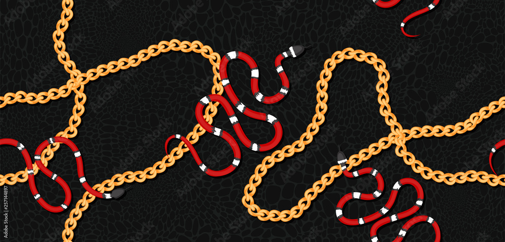 Seamless pattern with snake skin texture with gold chains and coral ...