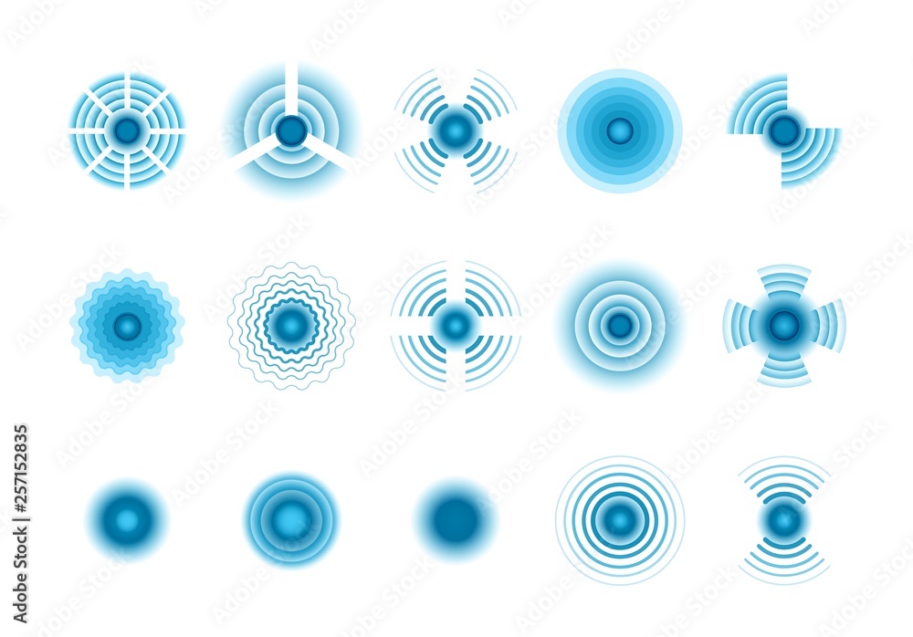 Wave signals. Blue graphic symbols of wave concentric circular radio ...