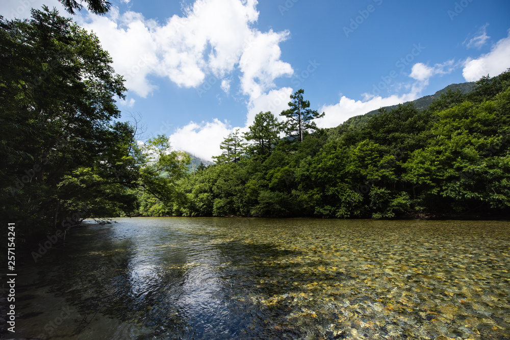 River and Summer Forest Landscape,Pathway at Kamikochi in Japan foto de ...