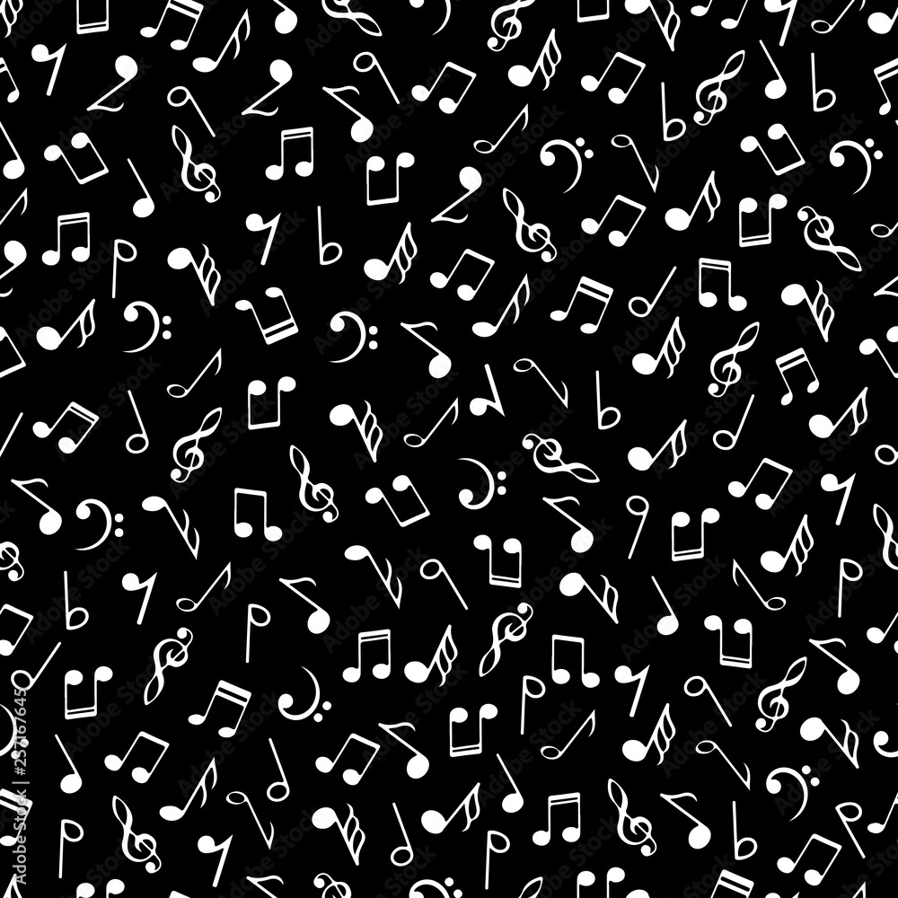 Music notes black and white seamless pattern. White colors simbols on ...