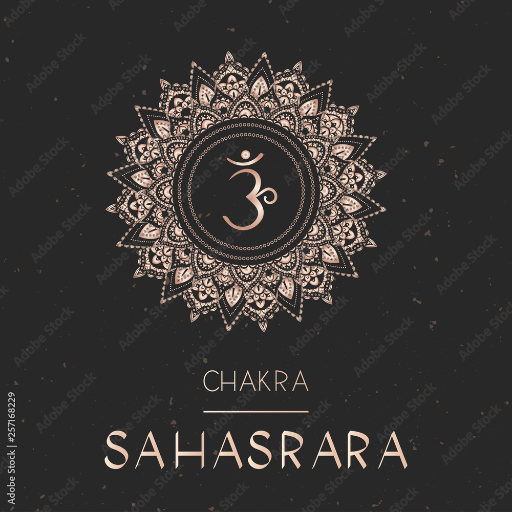 Vector illustration with gold symbol chakra Sahasrara on dark ...