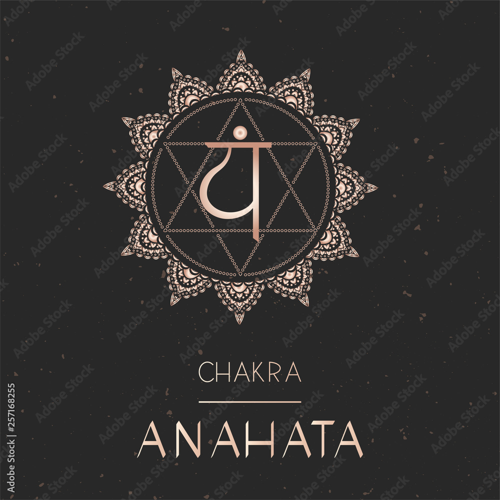 Vector illustration with gold symbol chakra Anahata on dark background ...
