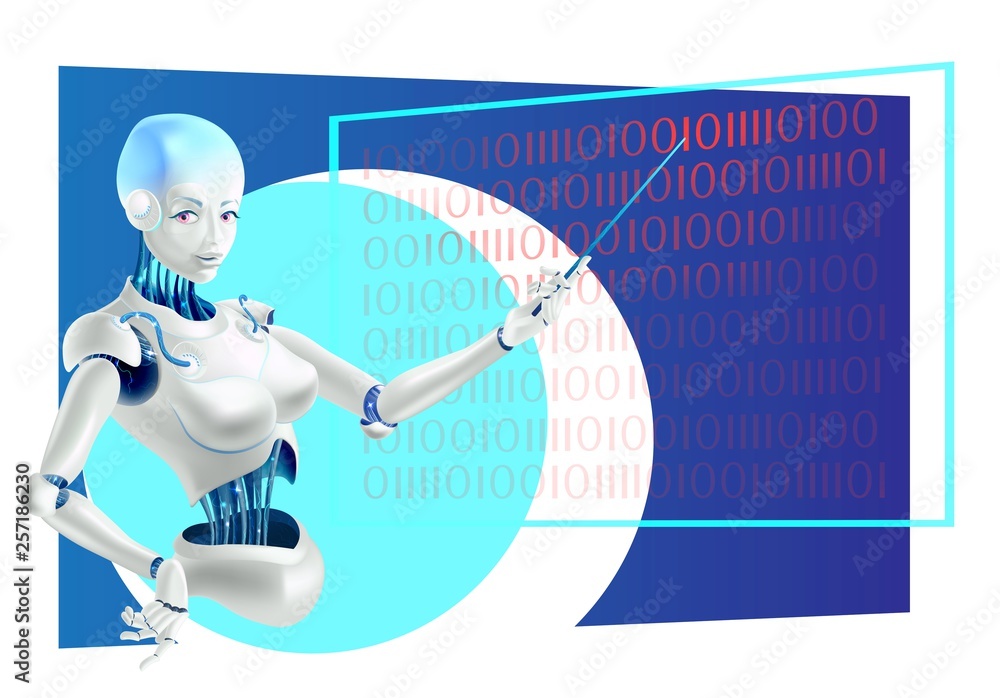Robot lecturer or cyborg teacher standing in front of board with a ...