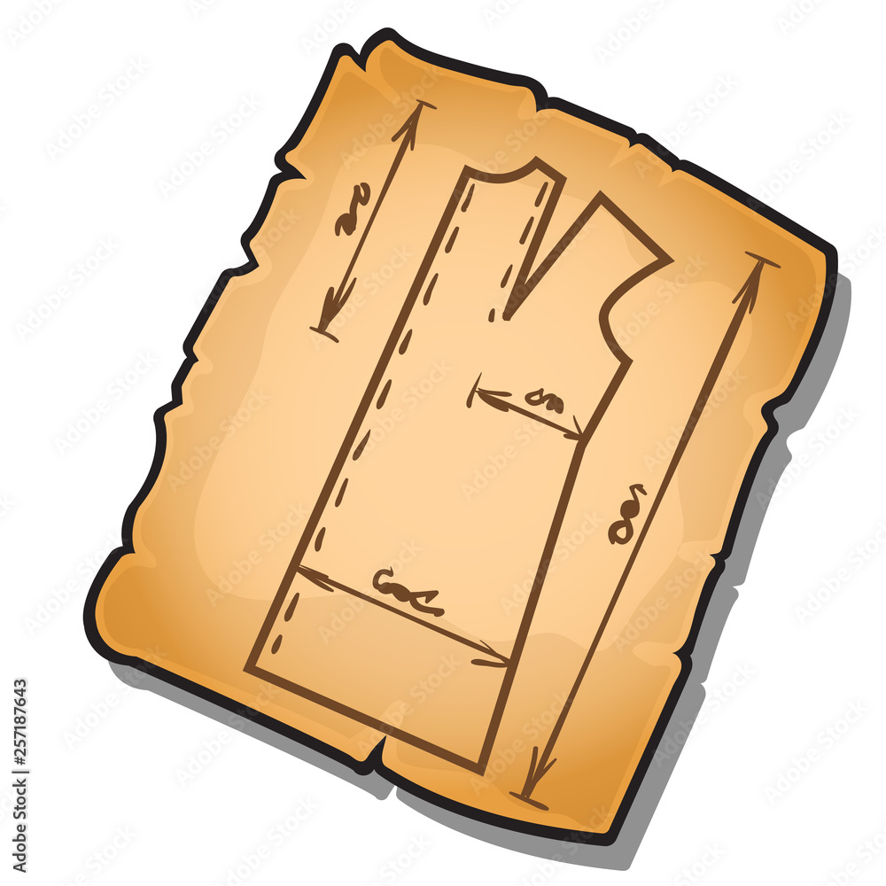 Sewing pattern on the old sheet of paper isolated on white background ...