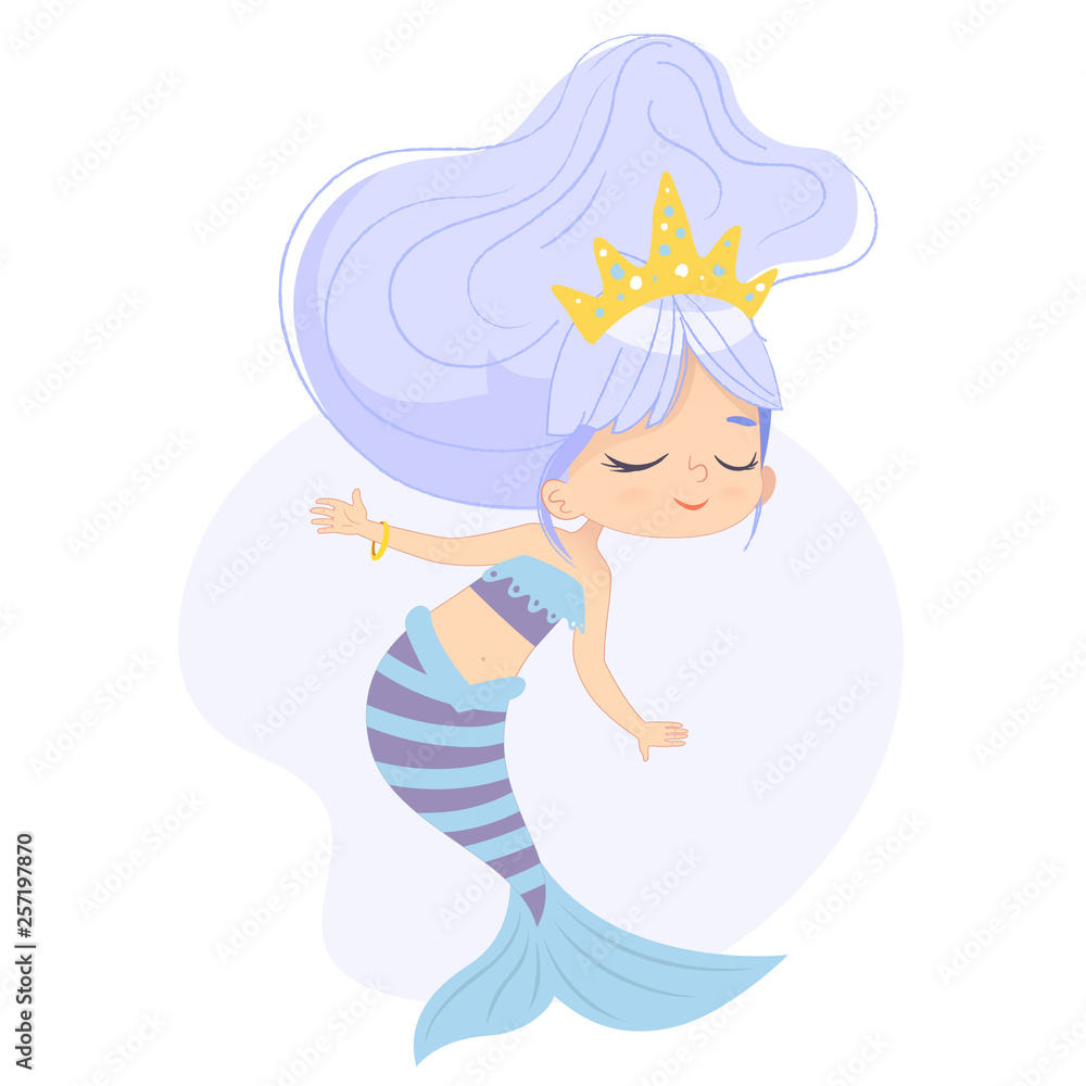 Cute Mermaid Adorable Child Character Watercolor Art. Sea Underwater ...