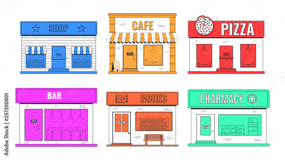 Facades of Shops and Restaurants. Fast Food Restaurants and Shop ...