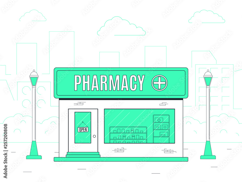 Pharmacy Building on the Background of the City. Pharmacy Building ...