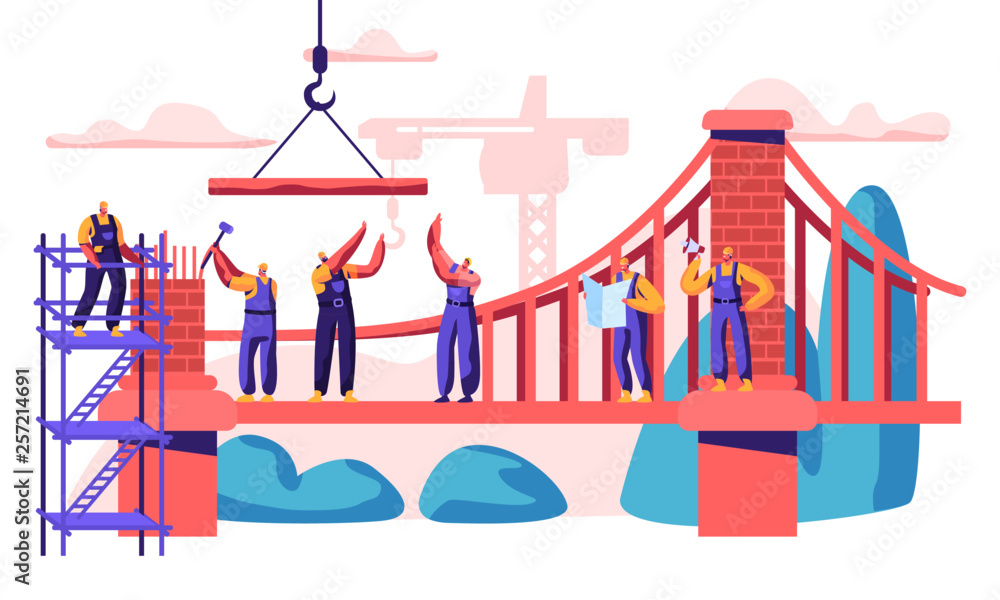Construction Cable-stayed Bridge. Professional Character Build New Connection of two Shore ...