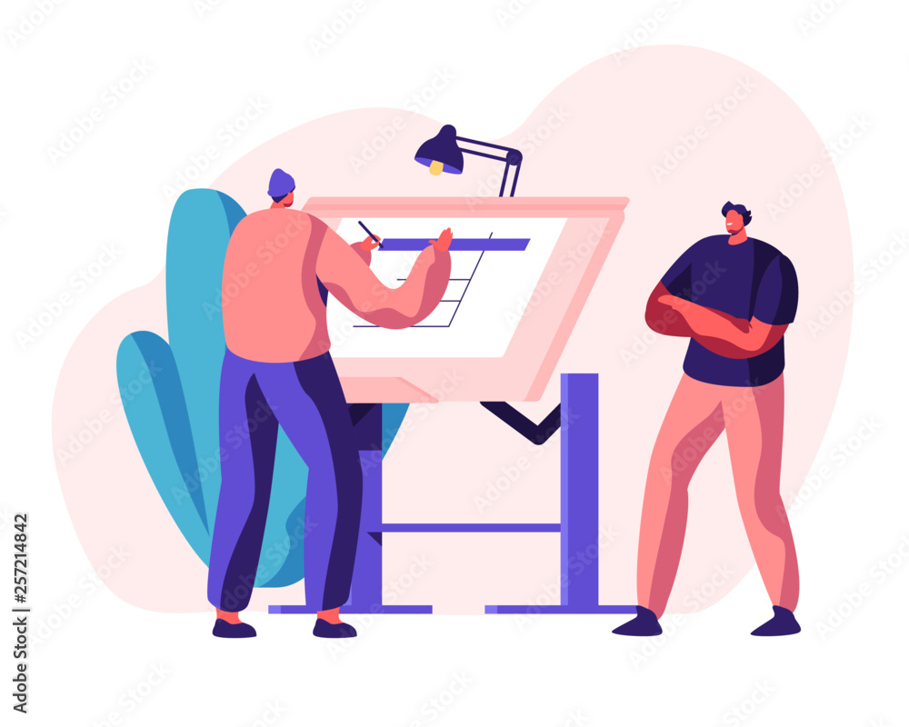 Engineer Architect Work on Draft Project on Drawing Board. Man Creator ...