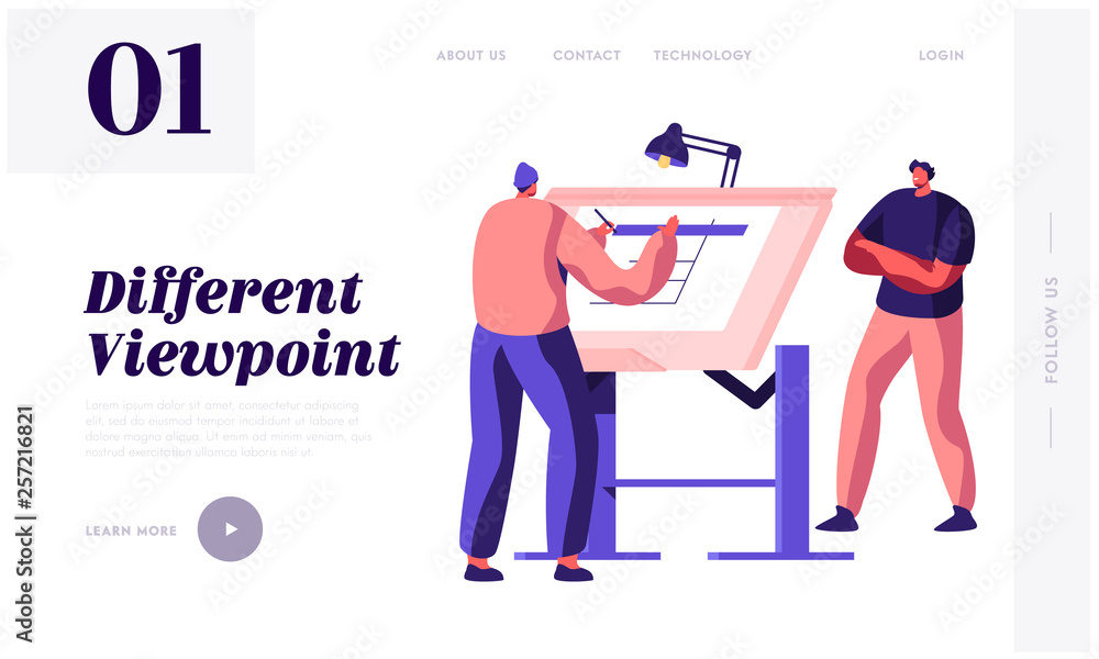 Engineer Architect Work on Draft Project on Drawing Board Landing Page ...