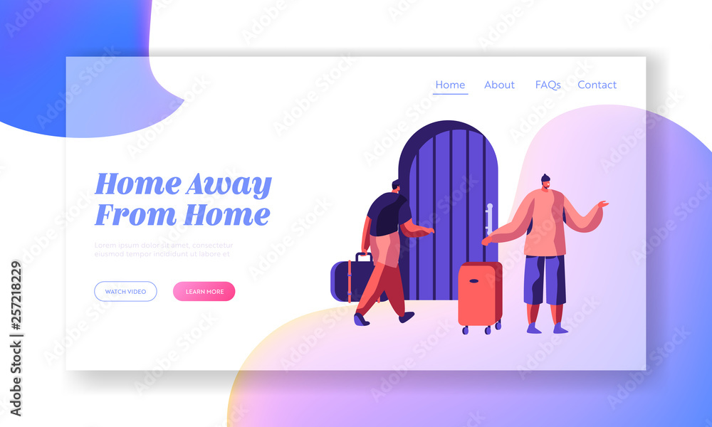 Man Character Arrive at Hostel Building with Bag Landing Page ...