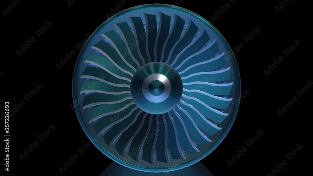 Close-up view jet engine blades. Animation of rotation turbine from ...