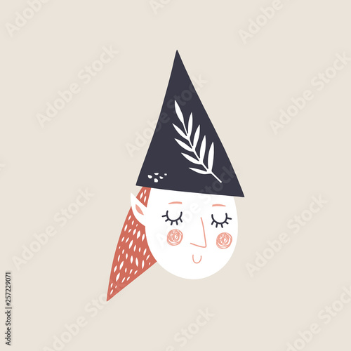 Vector cute doodle girl elf face, decor cut out elements collection ...