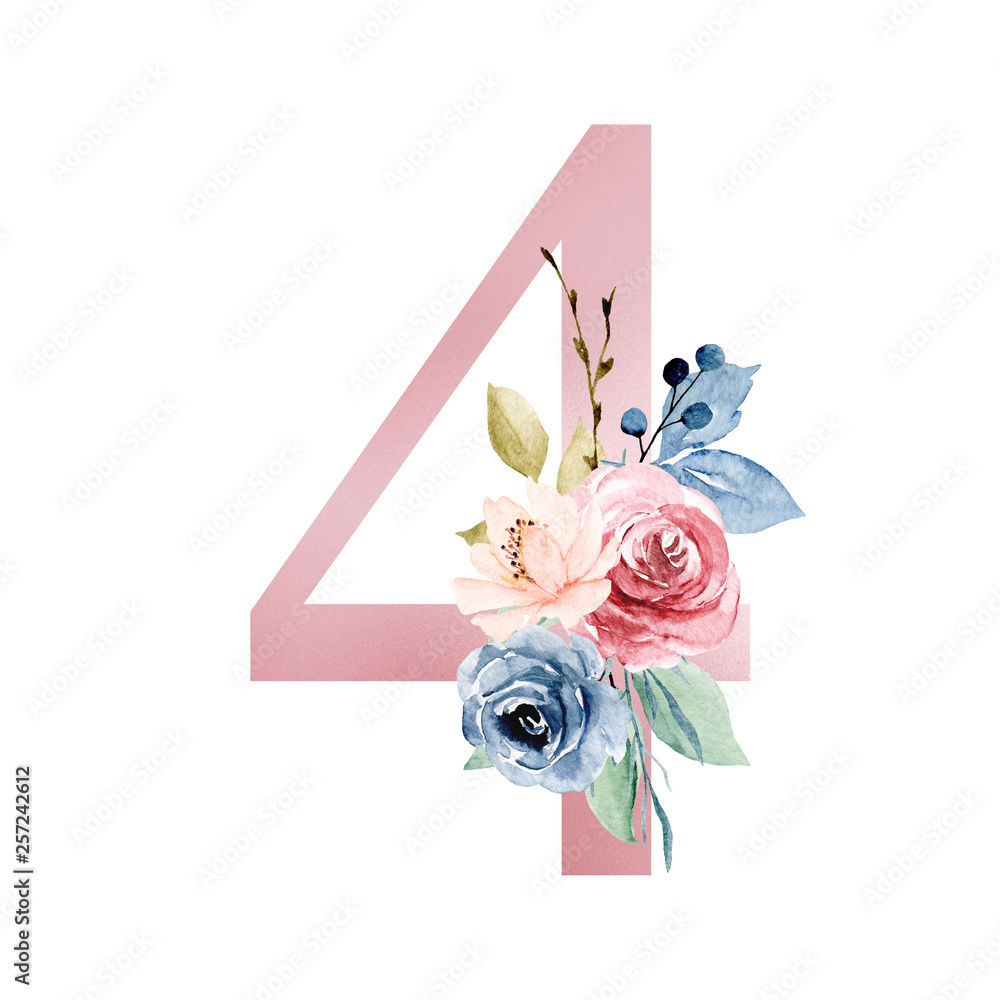 Number four with watercolor flowers roses and leaf. Perfectly for ...