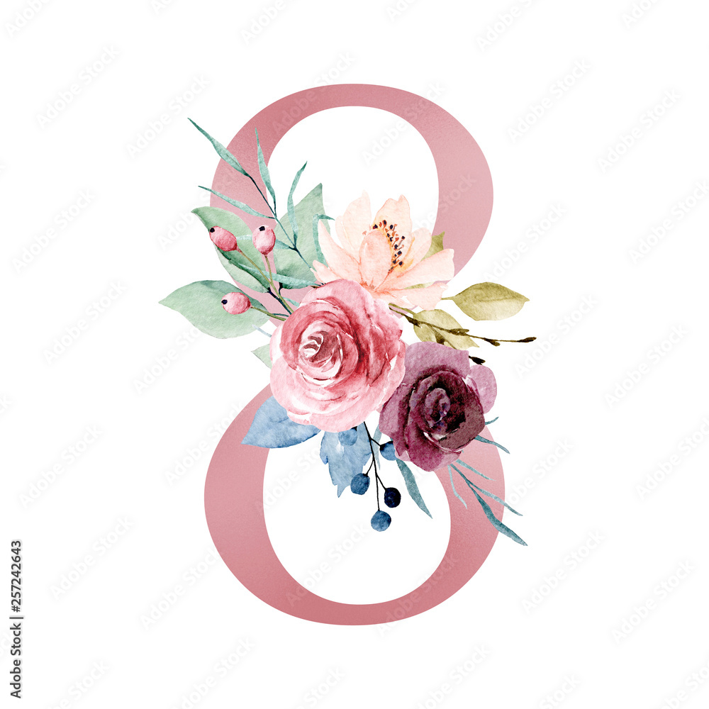 Number eight with watercolor flowers roses and leaf. Perfectly for ...