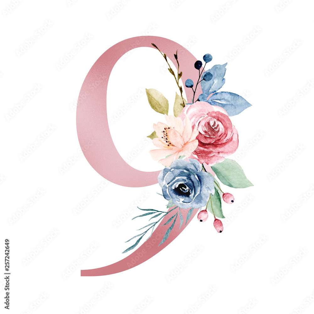 Number nine with watercolor flowers roses and leaf. Perfectly for ...