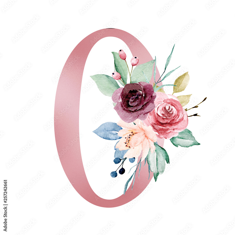 Number zero with watercolor flowers roses and leaf. Perfectly for ...
