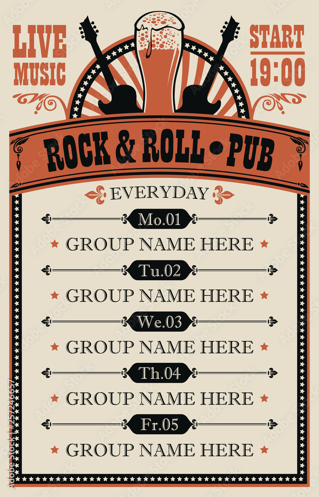 Vector poster for music rock and roll pub with live music with beer ...