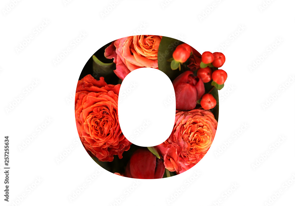 Floral font letter O from a real red-orange roses for bright design ...