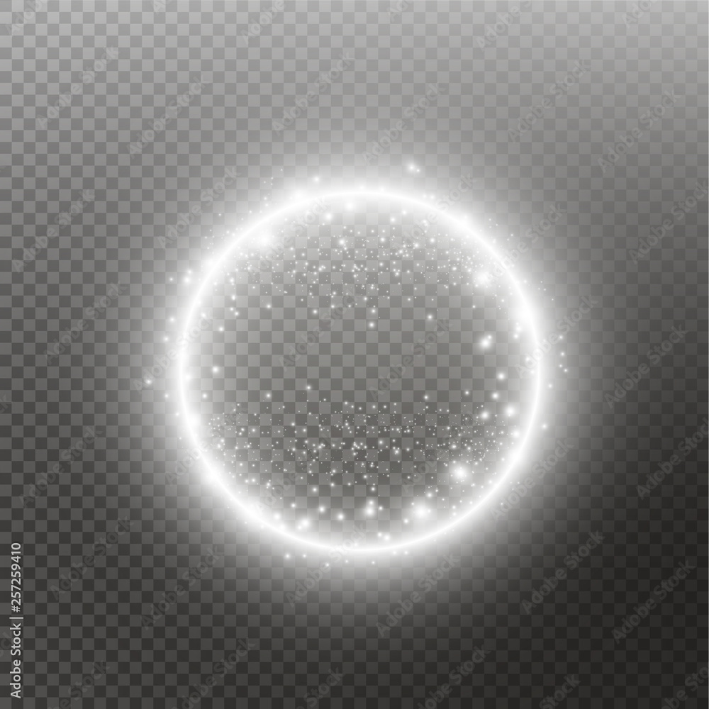 Vector light ring. Round shiny frame with lights dust trail particles ...