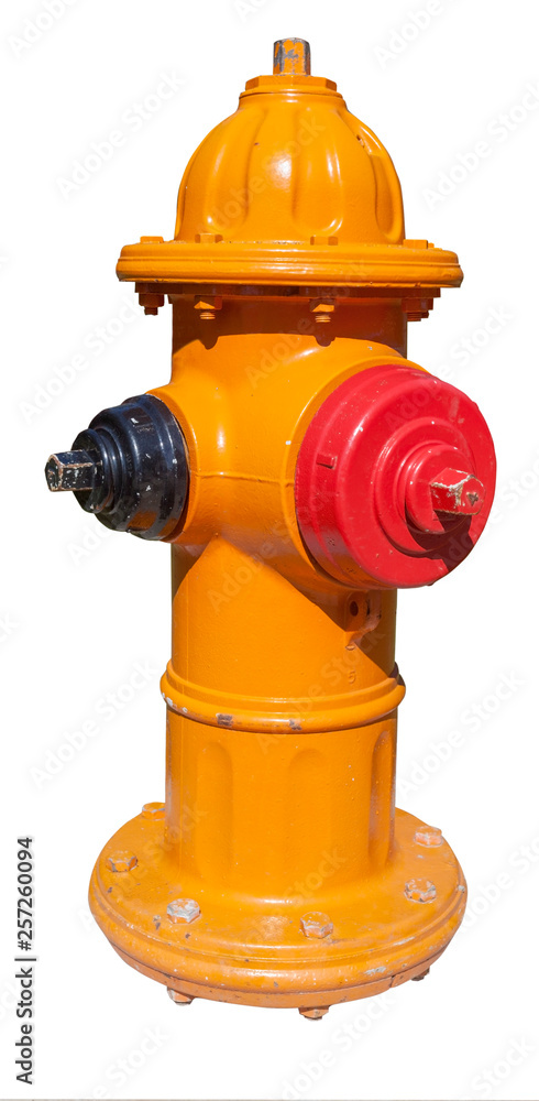 Isolated orange fire hydrant with black and red nozzle connections ...
