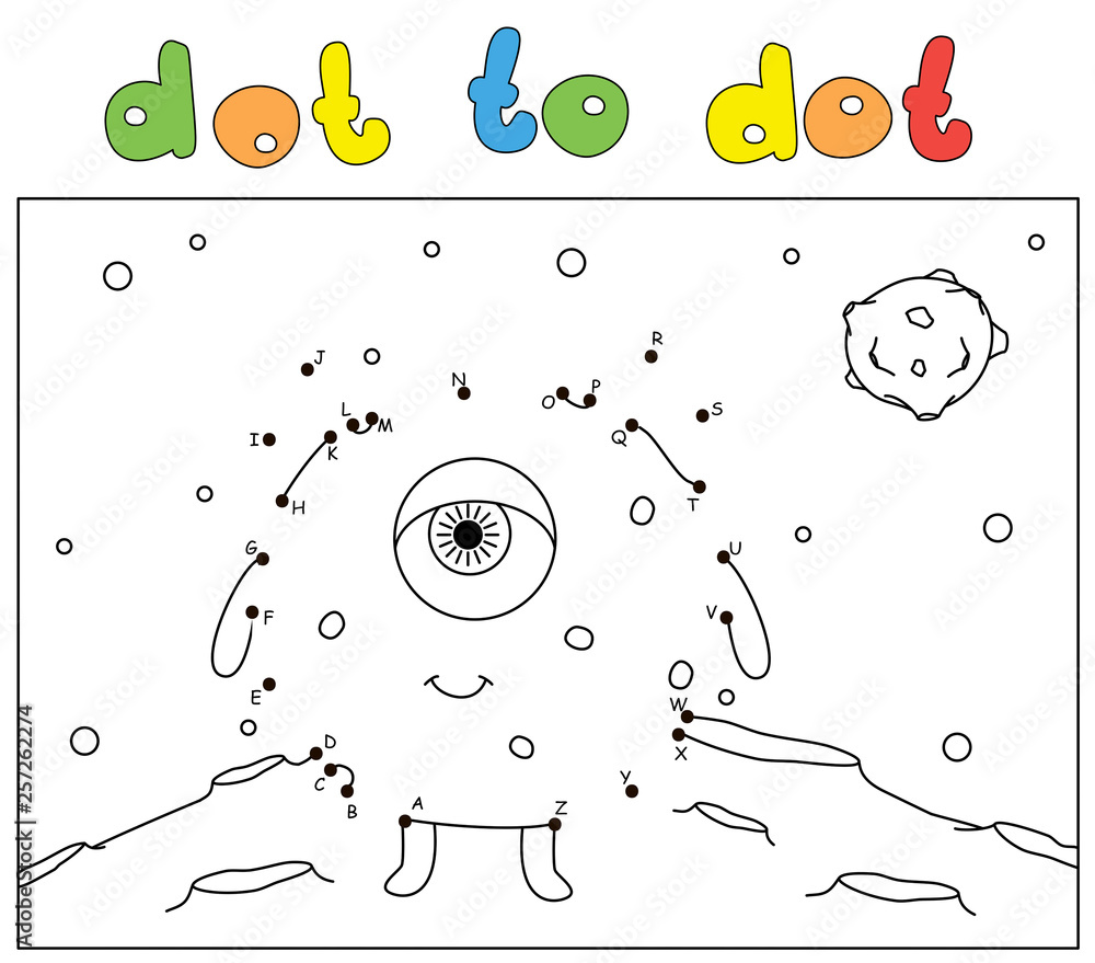 Funny one-eyed alien on the surface of moon. Coloring book and dot to ...