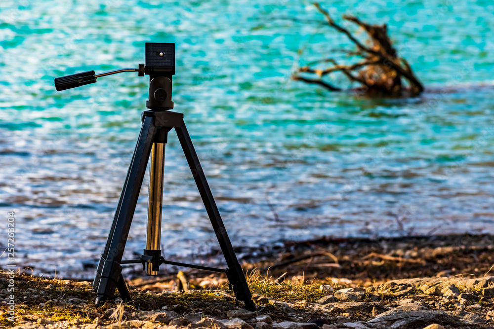 tripod on the lakeshore of Cardito in Vallerotonda amid the Apennine ...