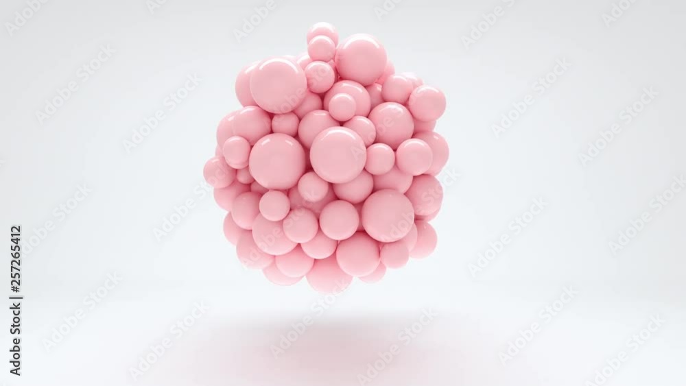 Abstract realistic 3d shapes pastel pink balls flying. 4K render ...