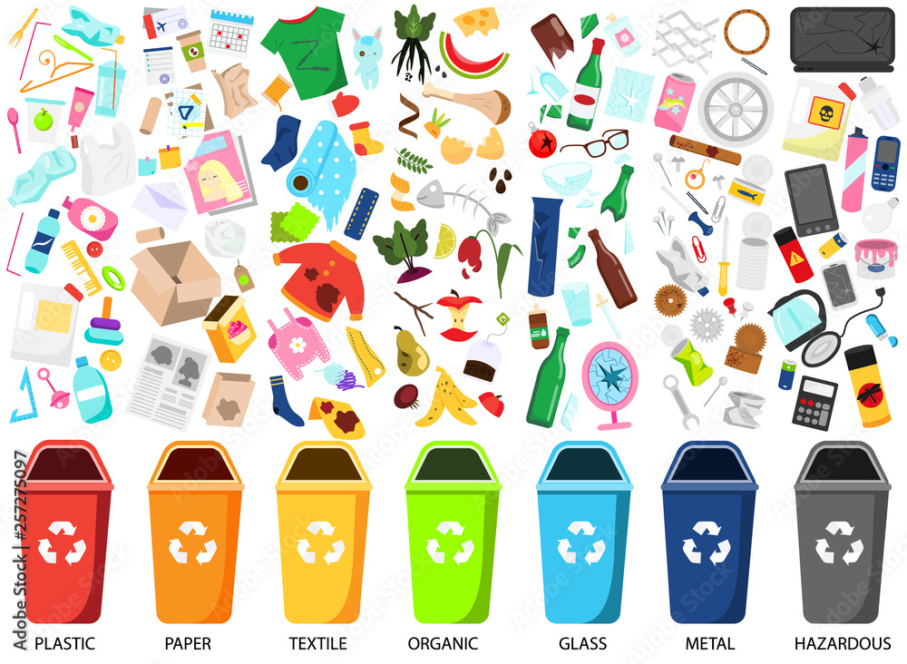 Waste sorting. Big collection of garbage types. Organic, paper, metal ...