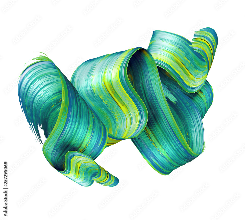 3d render, abstract brush stroke, neon smear, emerald green folded ...