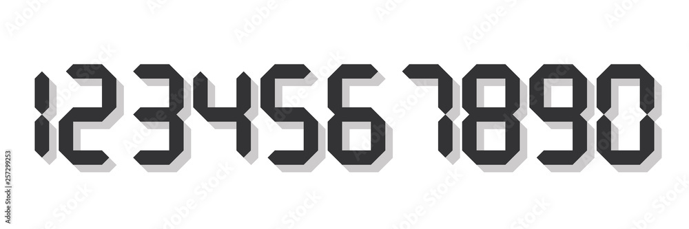 Grey 3D-like digital numbers. Seven-segment display is used in ...